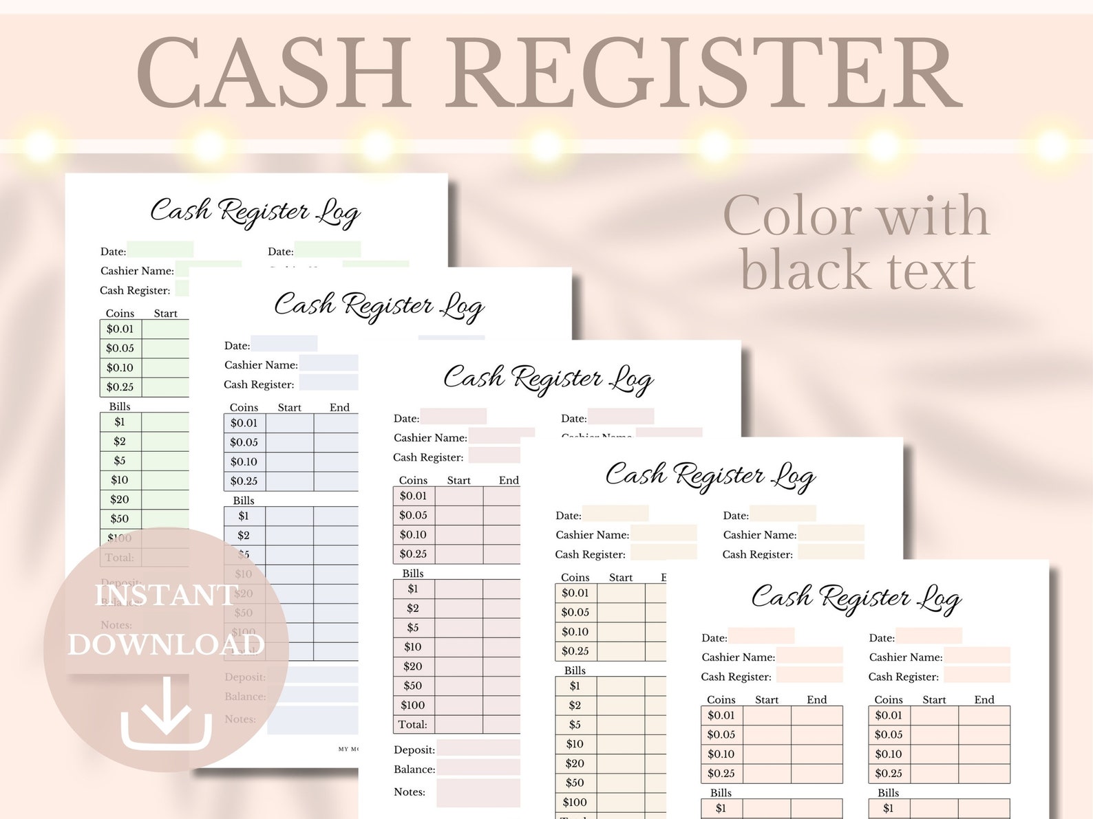 Cash Register Log Printable Cashier Shop Closing Drawer Till Balance ...
