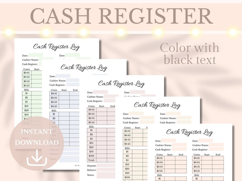 Cash Register Log Printable Cashier Shop Closing Drawer Till Balance ...