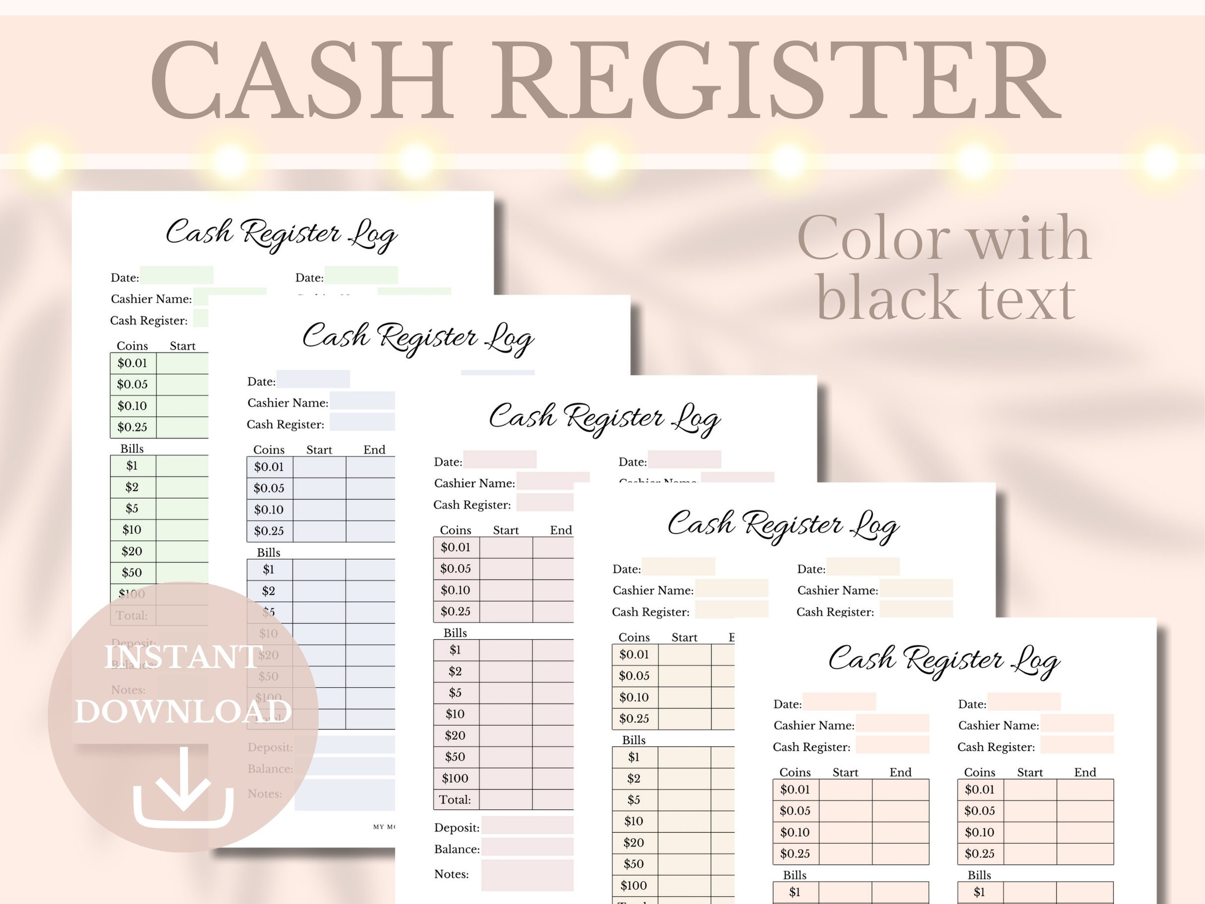 Cash Register Log Printable Cashier Shop Closing Drawer Till Balance ...