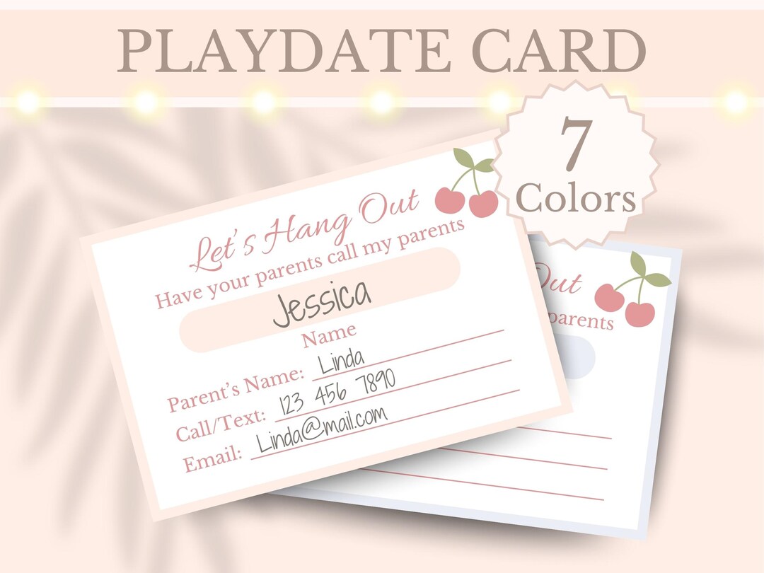 Cherry Playdate Card Printable Kids Calling Card for Girls Mom Contact ...