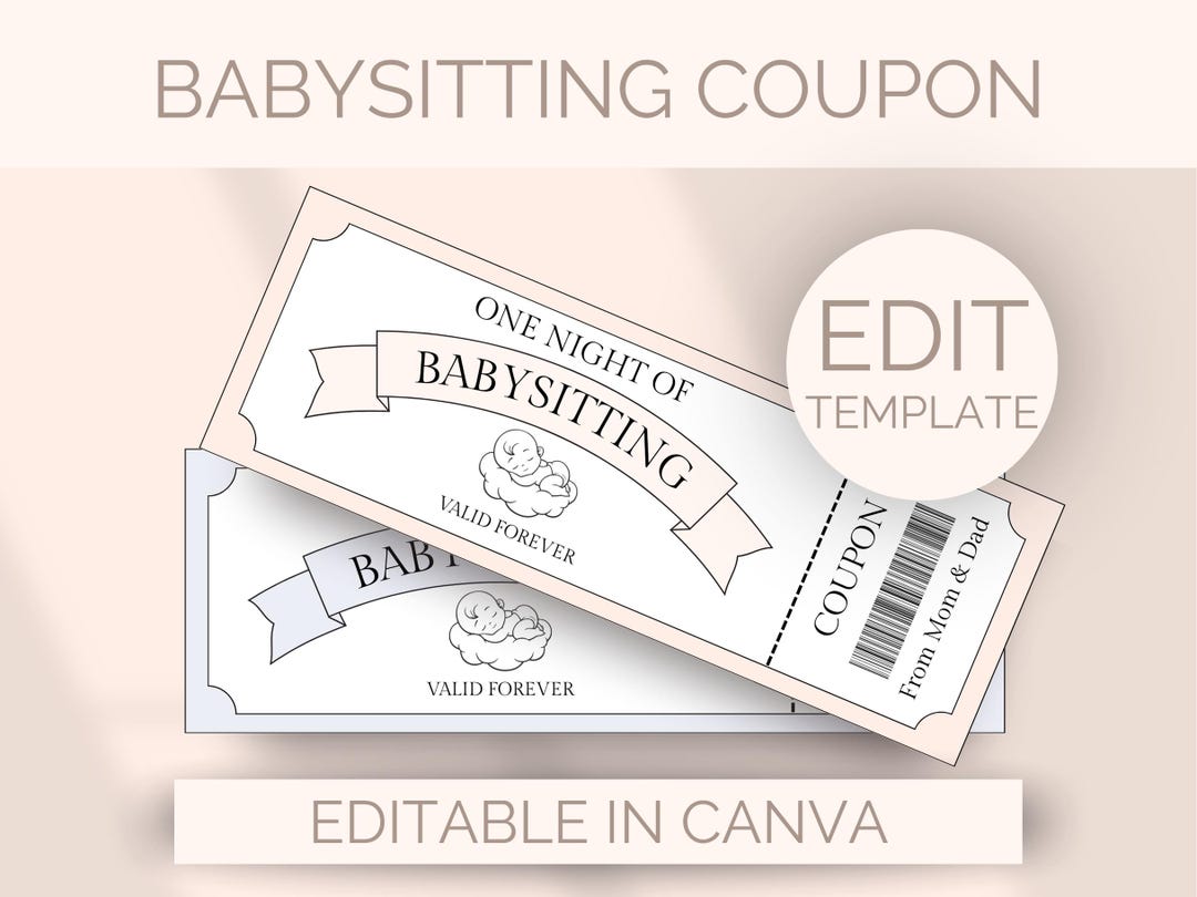EDITABLE Babysitting Voucher Template One Free Night Babysitting Coupon ...