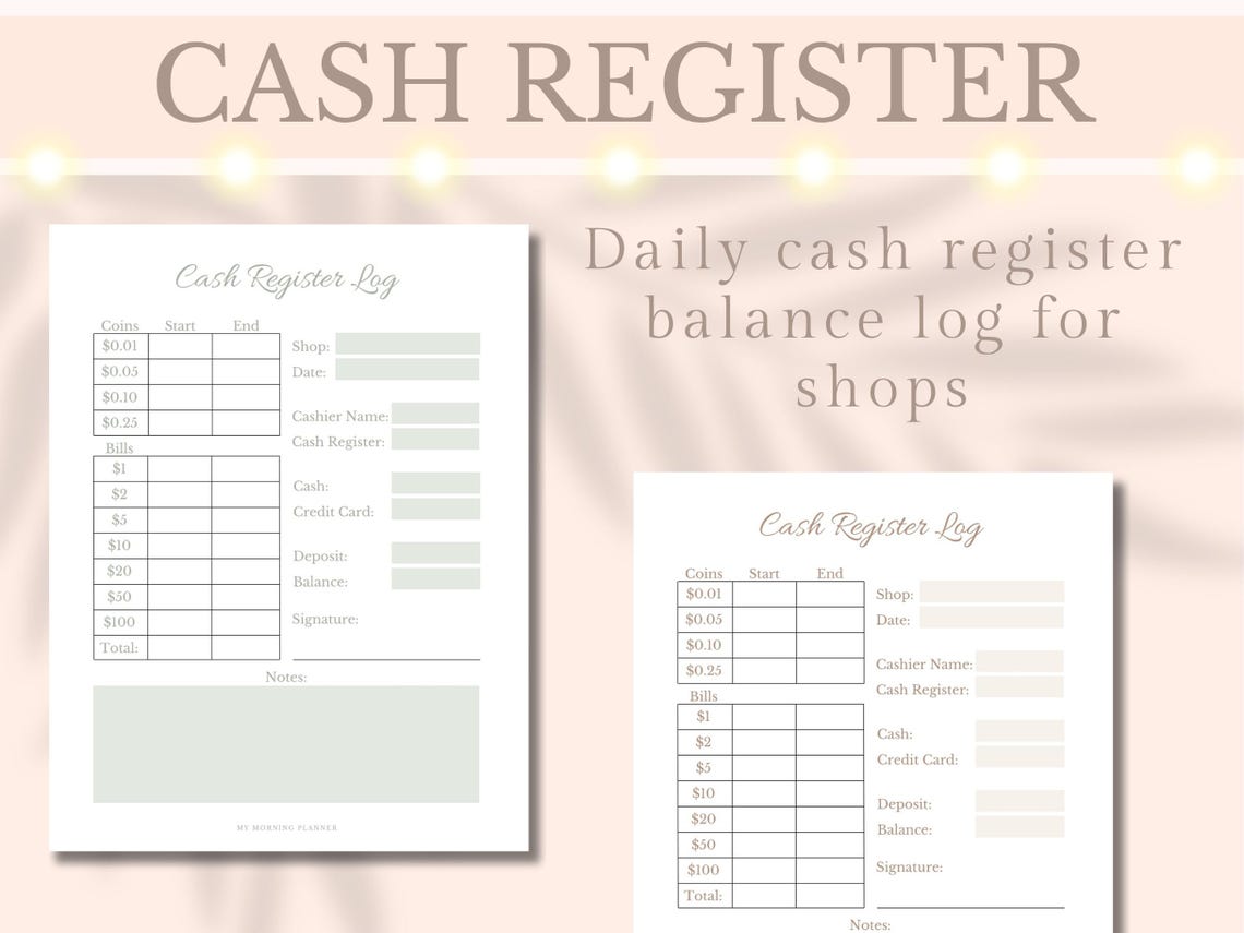 Cash Register Drawer Count Log Printable Teller Slip Shop Closing Money ...