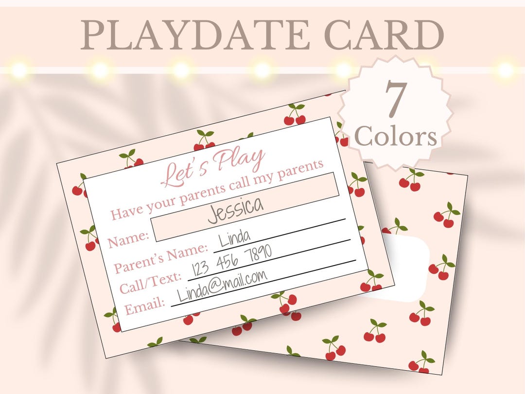 Kids Playdate Card Printable Kids Calling Card Cherry Theme Mom Contact ...