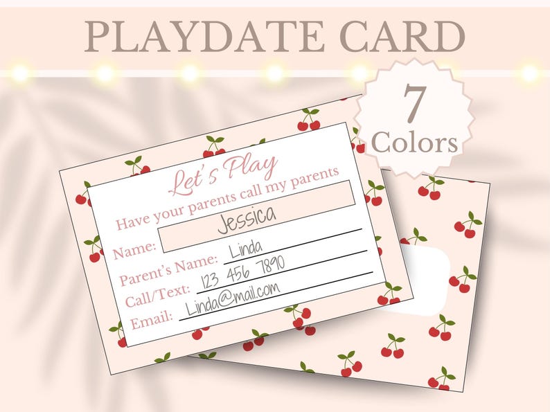 Kids Playdate Card Printable Kids Calling Card Cherry Theme Mom Contact ...