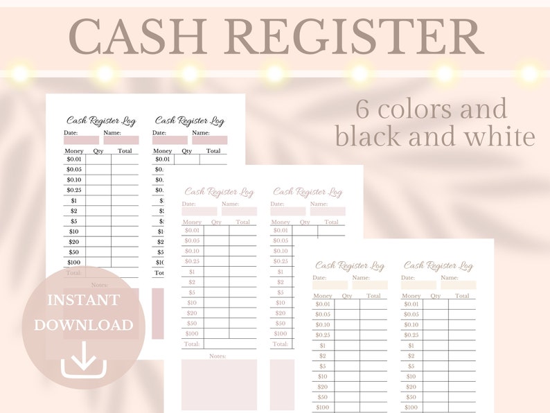 Cash Register Balance Log Printable Drawer Till Count Money Calculator ...