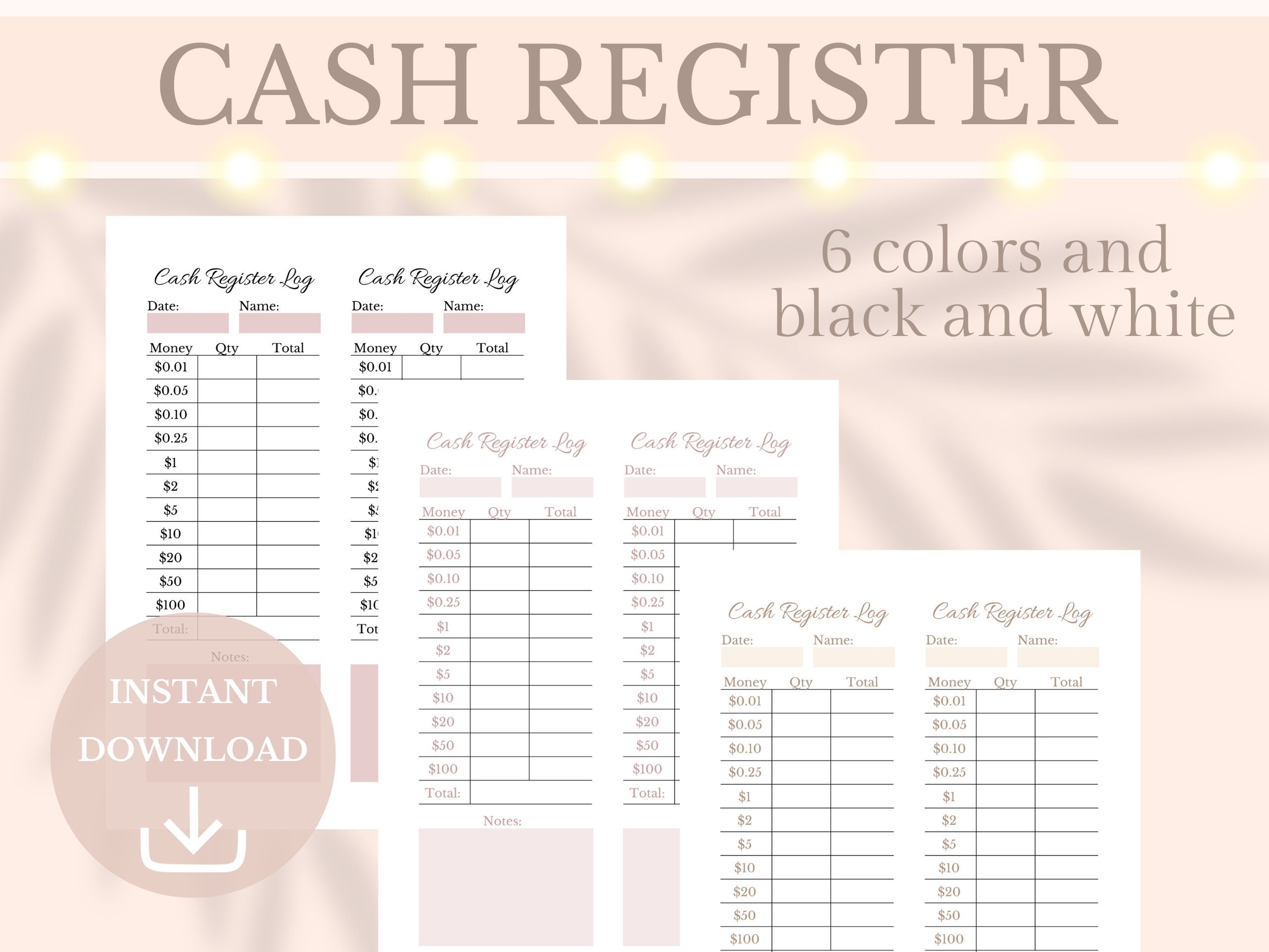 Cash Register Balance Log Printable Drawer Till Count Money Calculator ...