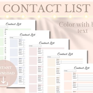 Contact List Printable Address Book Insert, Contact Directory Phone ...