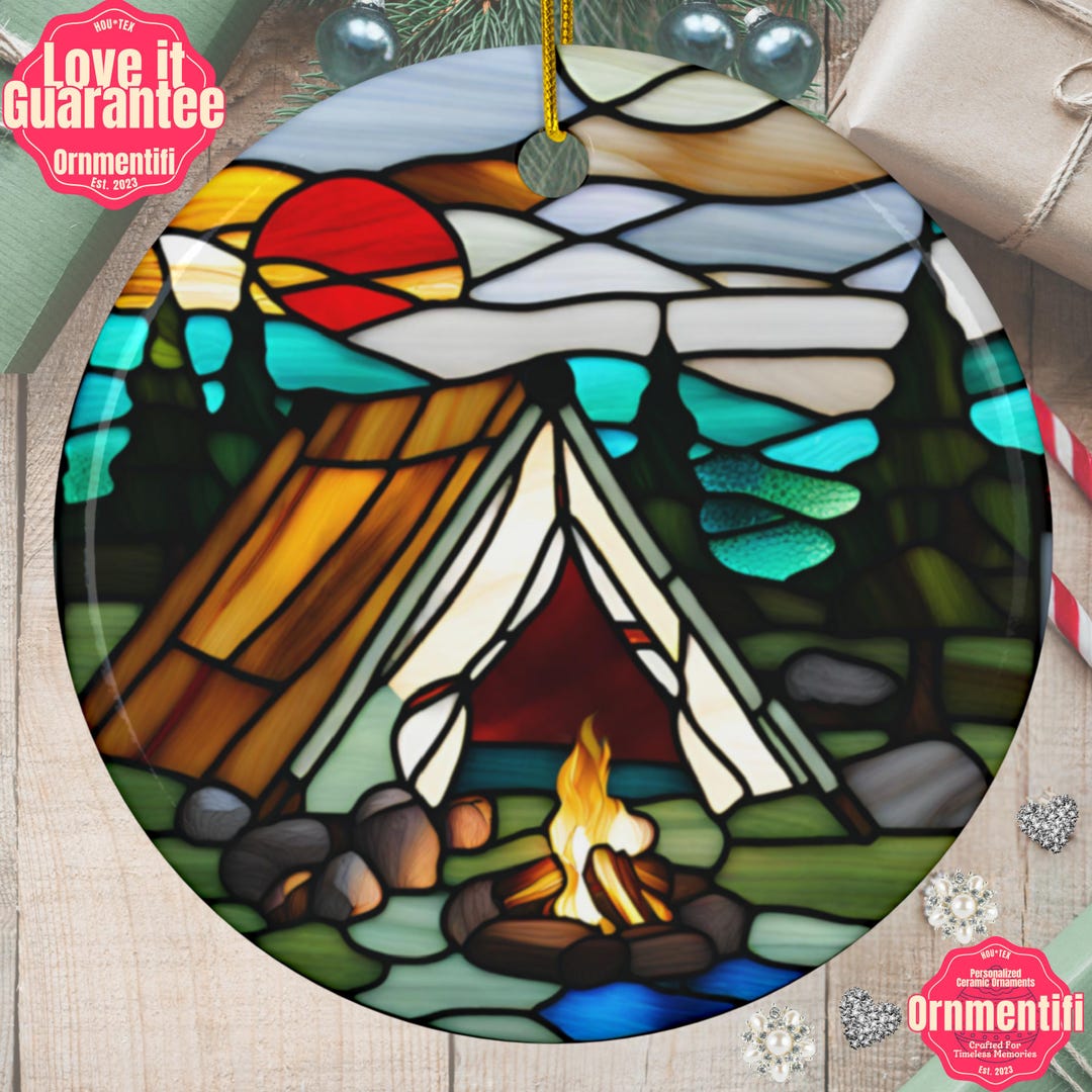 Camping Adventure Ceramic Ornament: Campfire Tent Scene Christmas ...