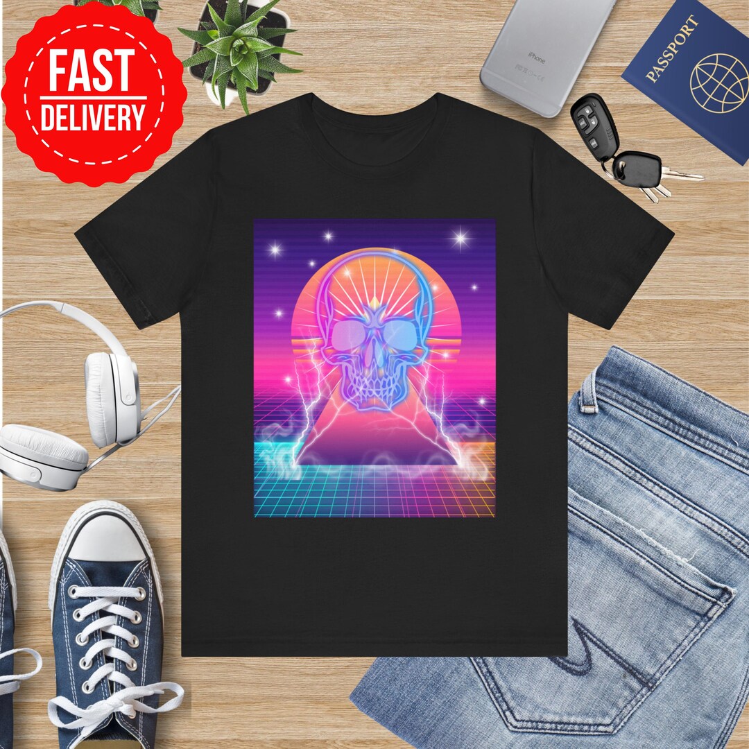 Synthwave Halloween Skull T-shirt, Neon Skull & Moon Graphic, Retro 80s ...