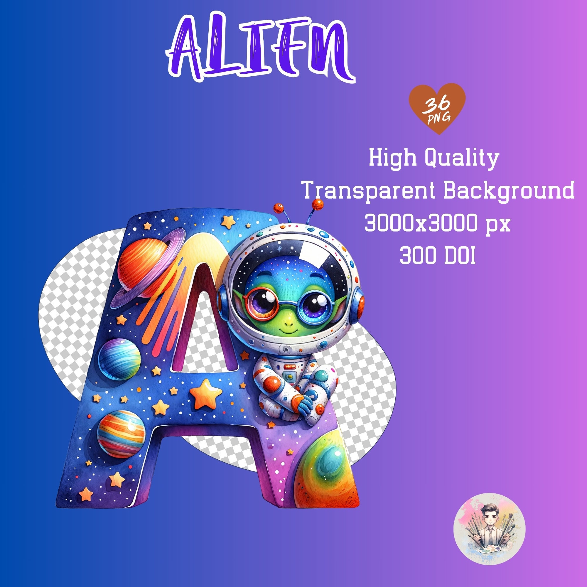 Alphabet Clipart Alien Galaxy,36 PNG Watercolouralphabet Sublimation ...