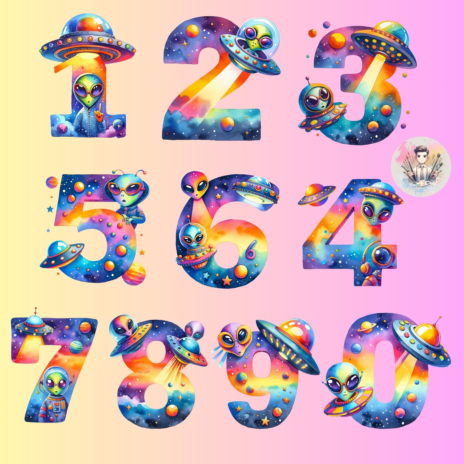 Alphabet Clipart Alien UFO,36 PNG Watercolouralphabet Sublimation ...