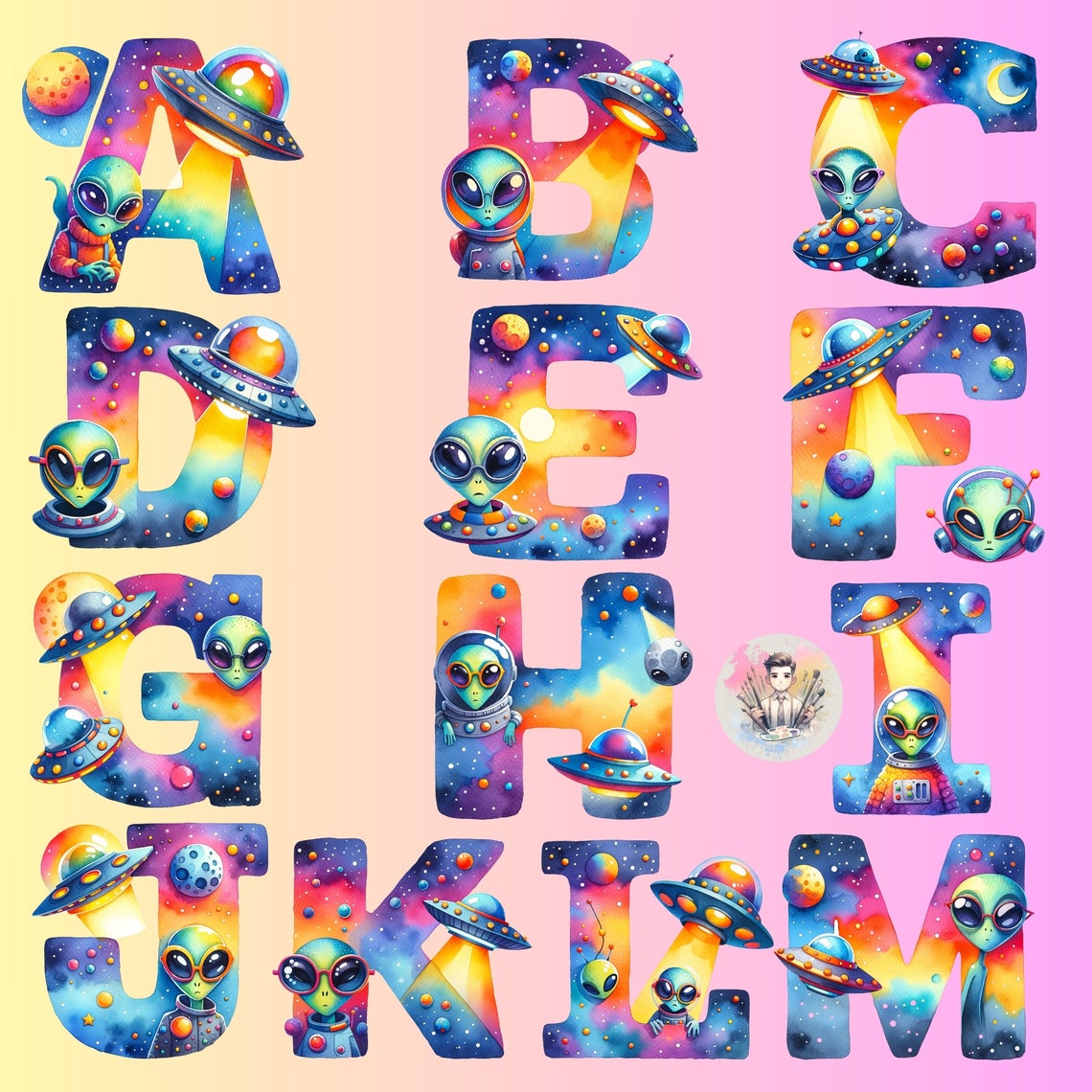 Alphabet Clipart Alien UFO,36 PNG Watercolouralphabet Sublimation ...
