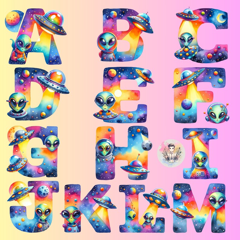 Alphabet Clipart Alien UFO,36 PNG Watercolouralphabet Sublimation ...
