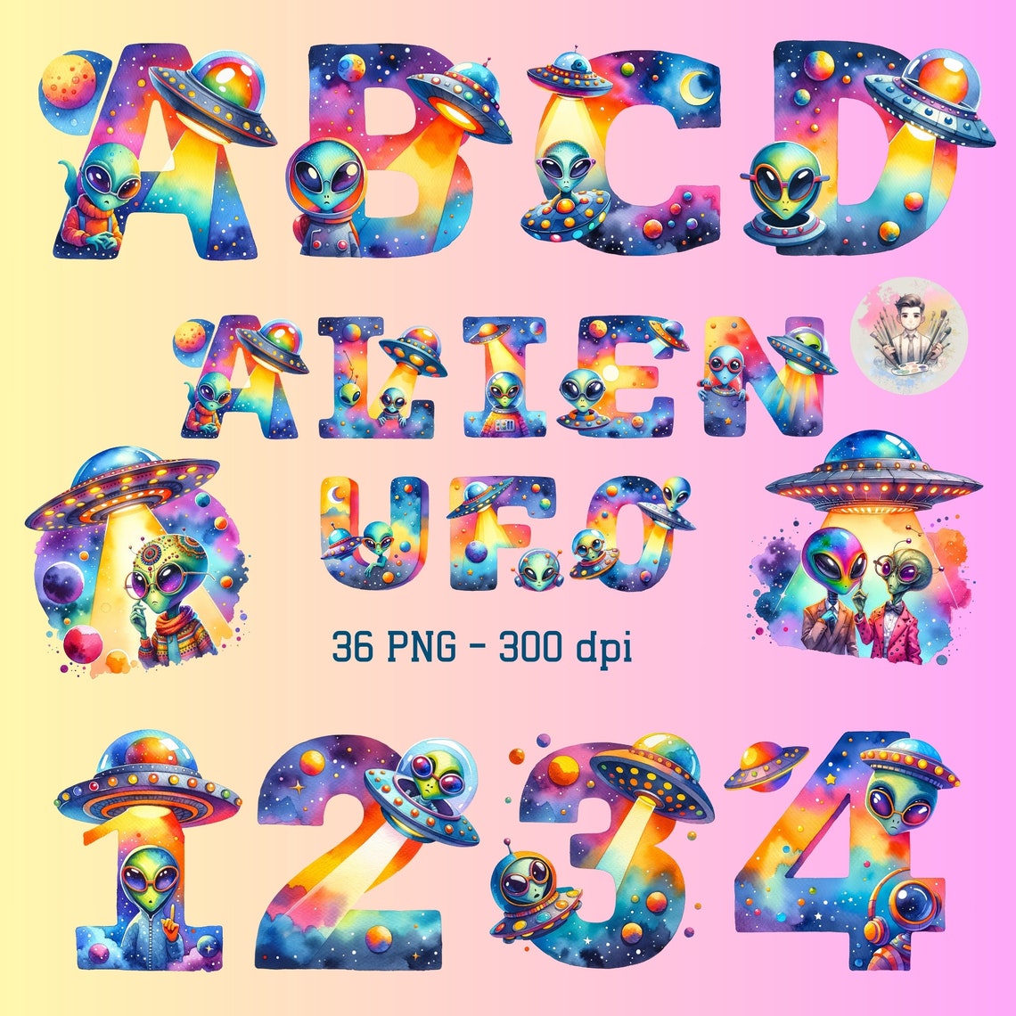 Alphabet Clipart Alien UFO,36 PNG Watercolouralphabet Sublimation ...