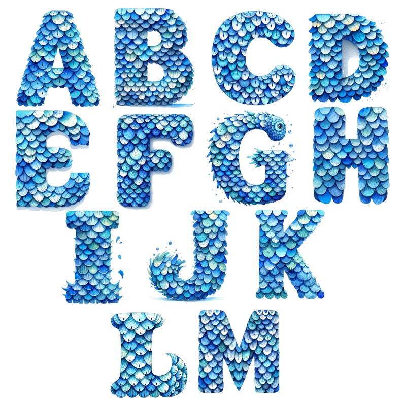 Alphabet Clipart Blue Fish Scales,36 PNG Watercolouralphabet ...