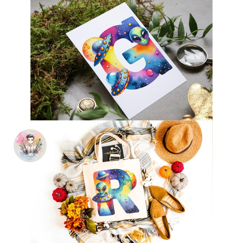 Alphabet Clipart Alien UFO,36 PNG Watercolouralphabet Sublimation ...