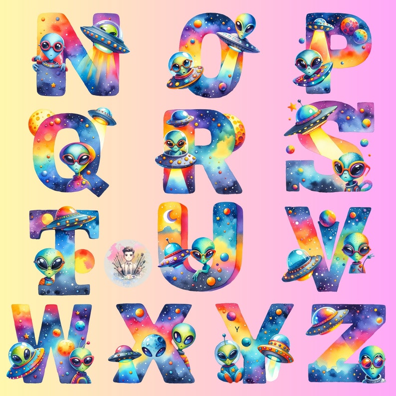 Alphabet Clipart Alien UFO,36 PNG Watercolouralphabet Sublimation ...