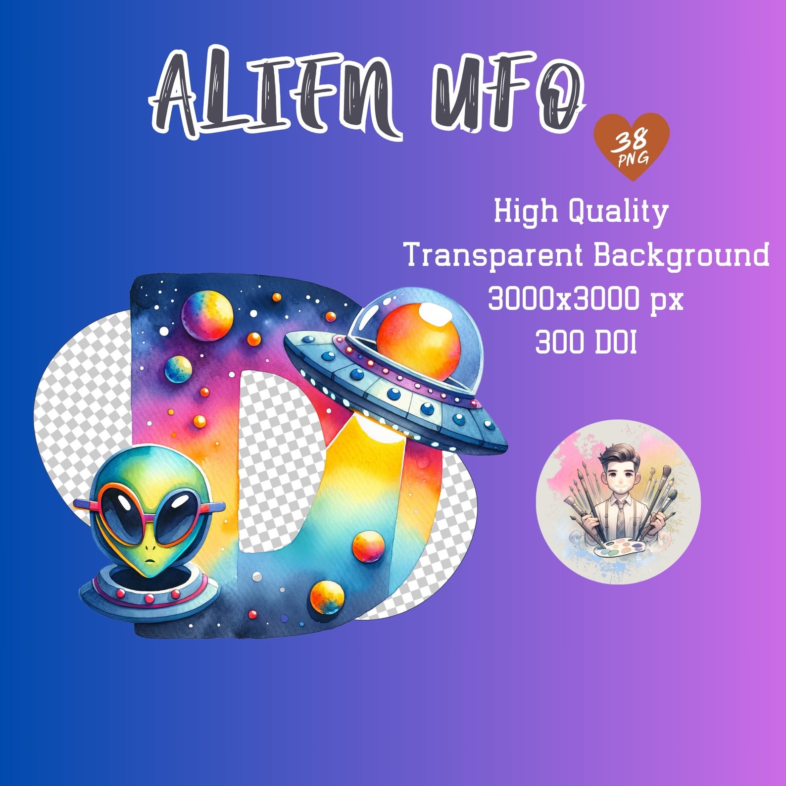 Alphabet Clipart Alien UFO,36 PNG Watercolouralphabet Sublimation ...