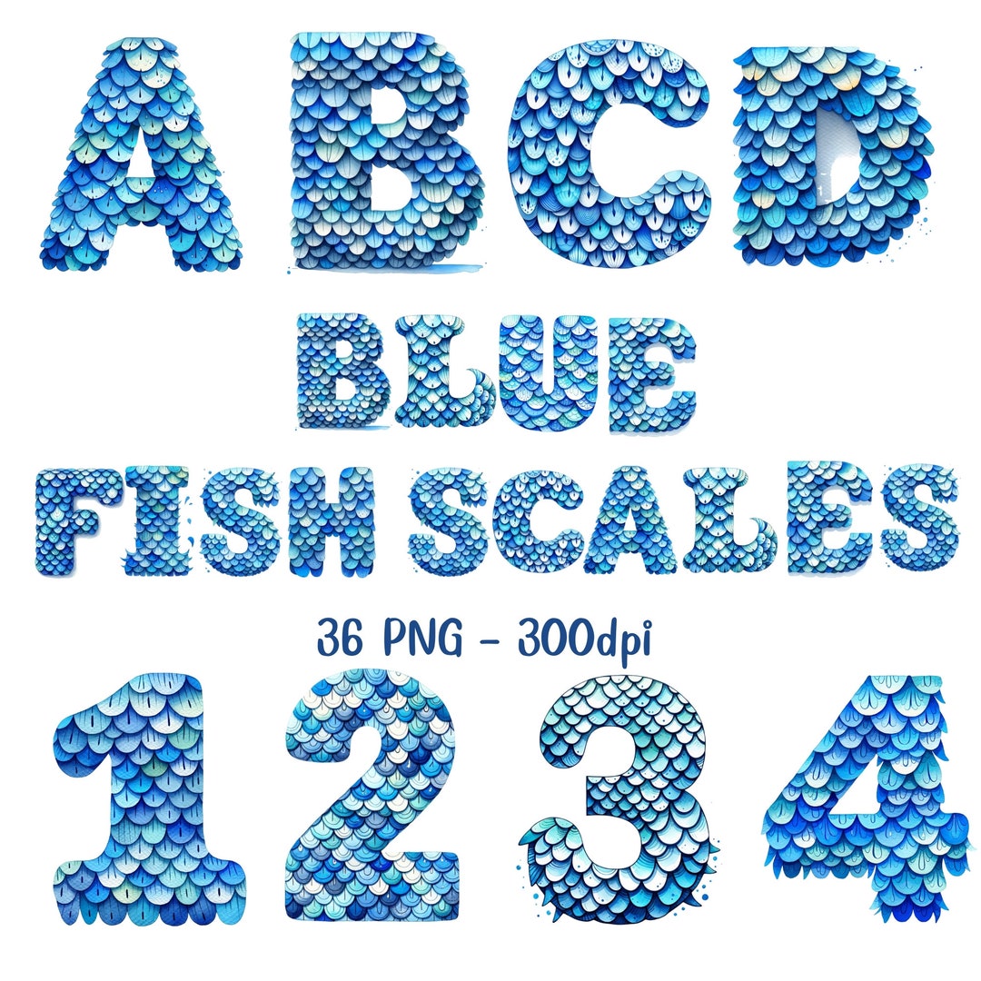 Alphabet Clipart Blue Fish Scales,36 PNG Watercolouralphabet ...