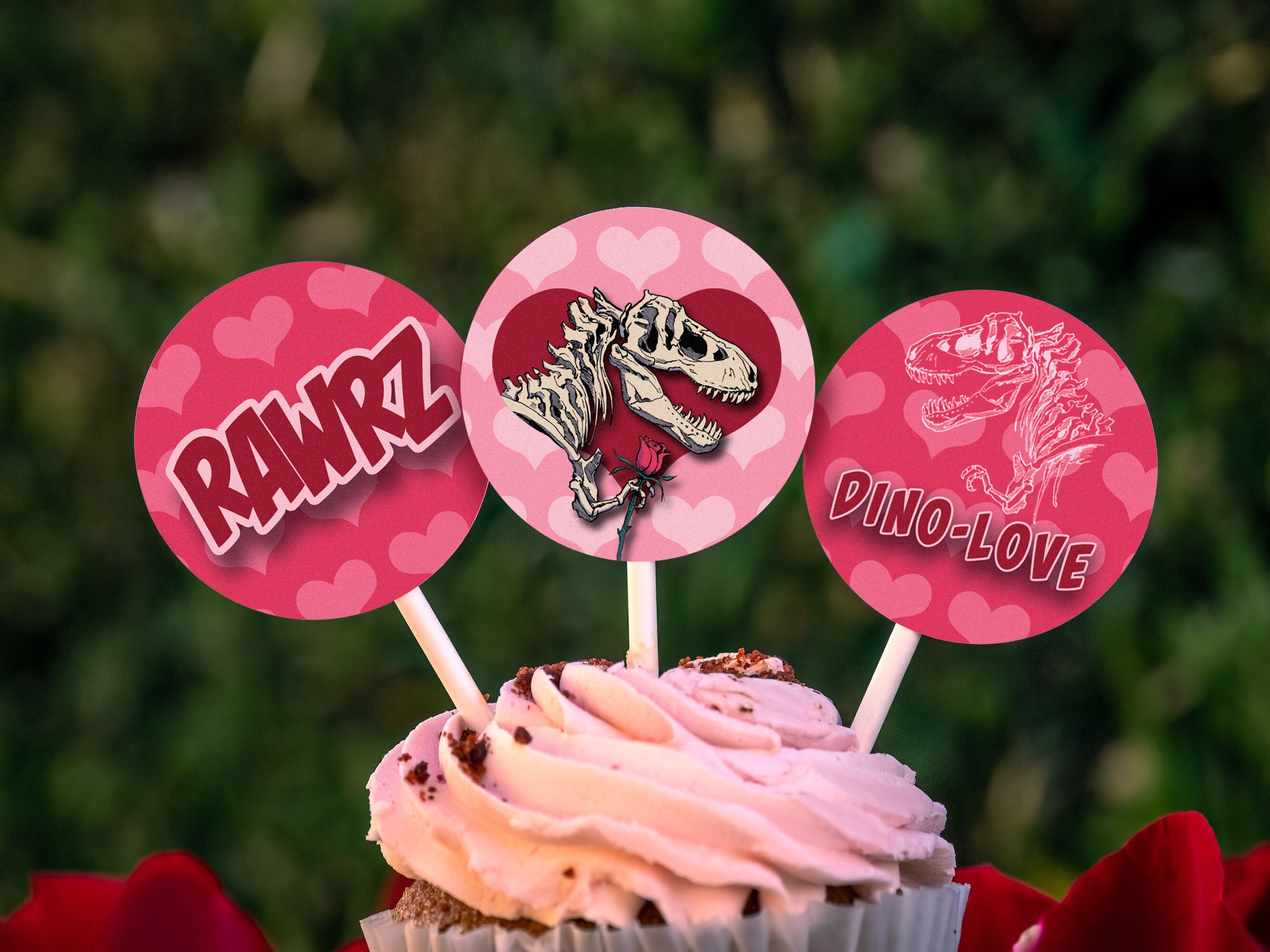 Dinosaur Cupcake Toppers T-rex Valentines Gift Pink Dino Decoration Non ...
