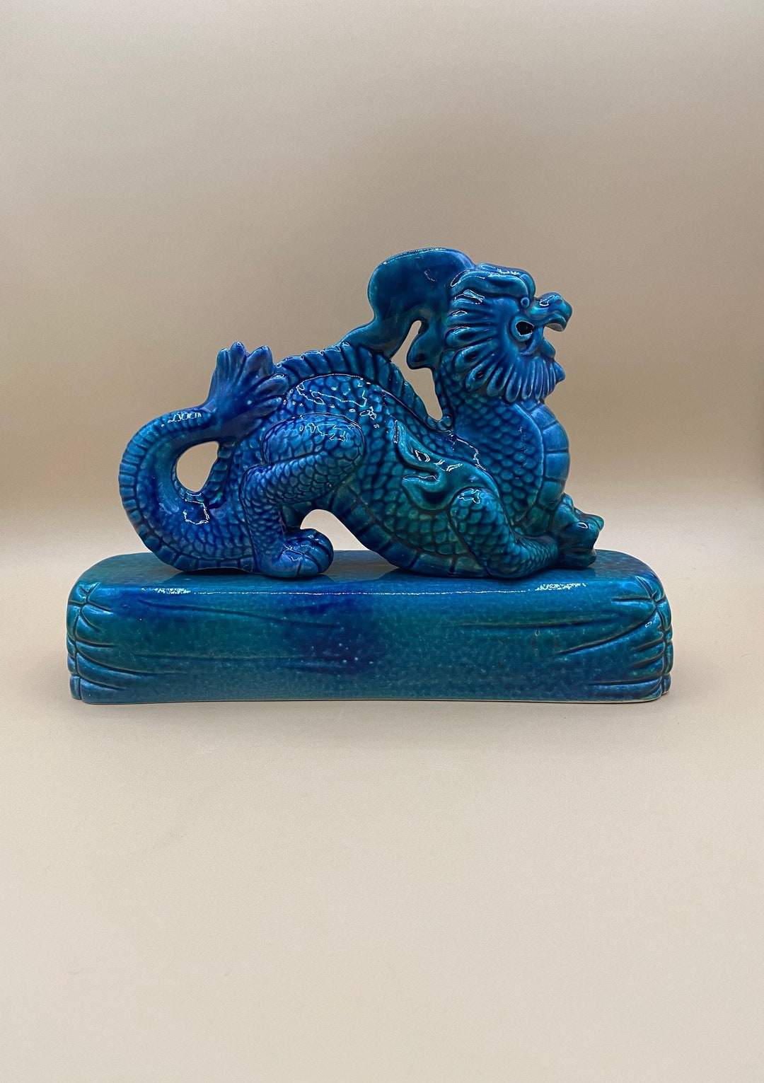 Ceramic Dragon Figurine With Blue and Green Glaze on Stand - Etsy