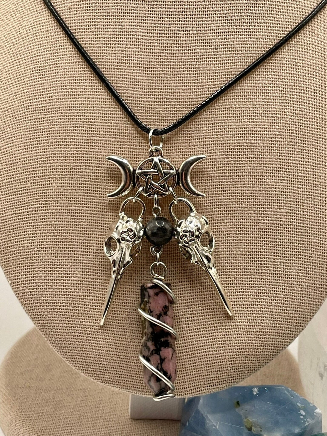 Rhodonite Crystal Point With Larvikite, Triple Moon Pentacle, Bird ...