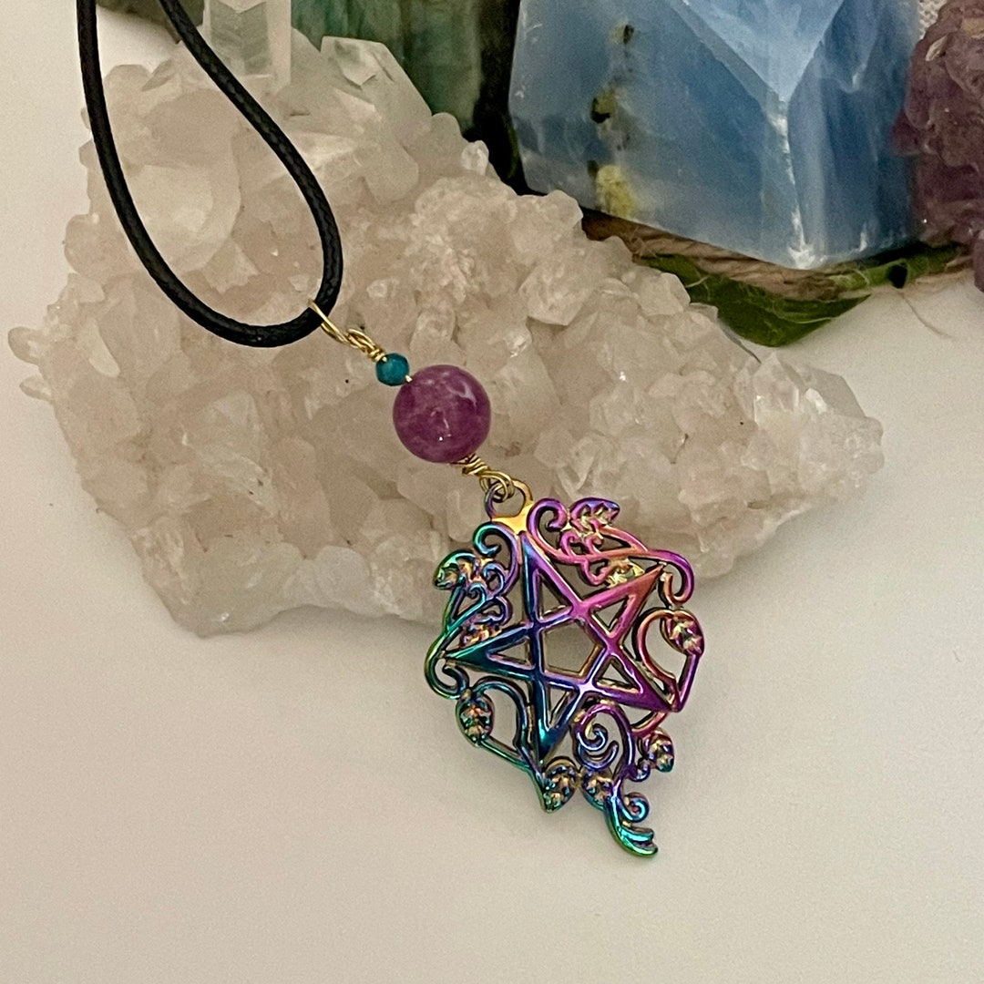 Pentacle and Vine Rainbow Steel Pendant With Lepidolite and Apatite ...