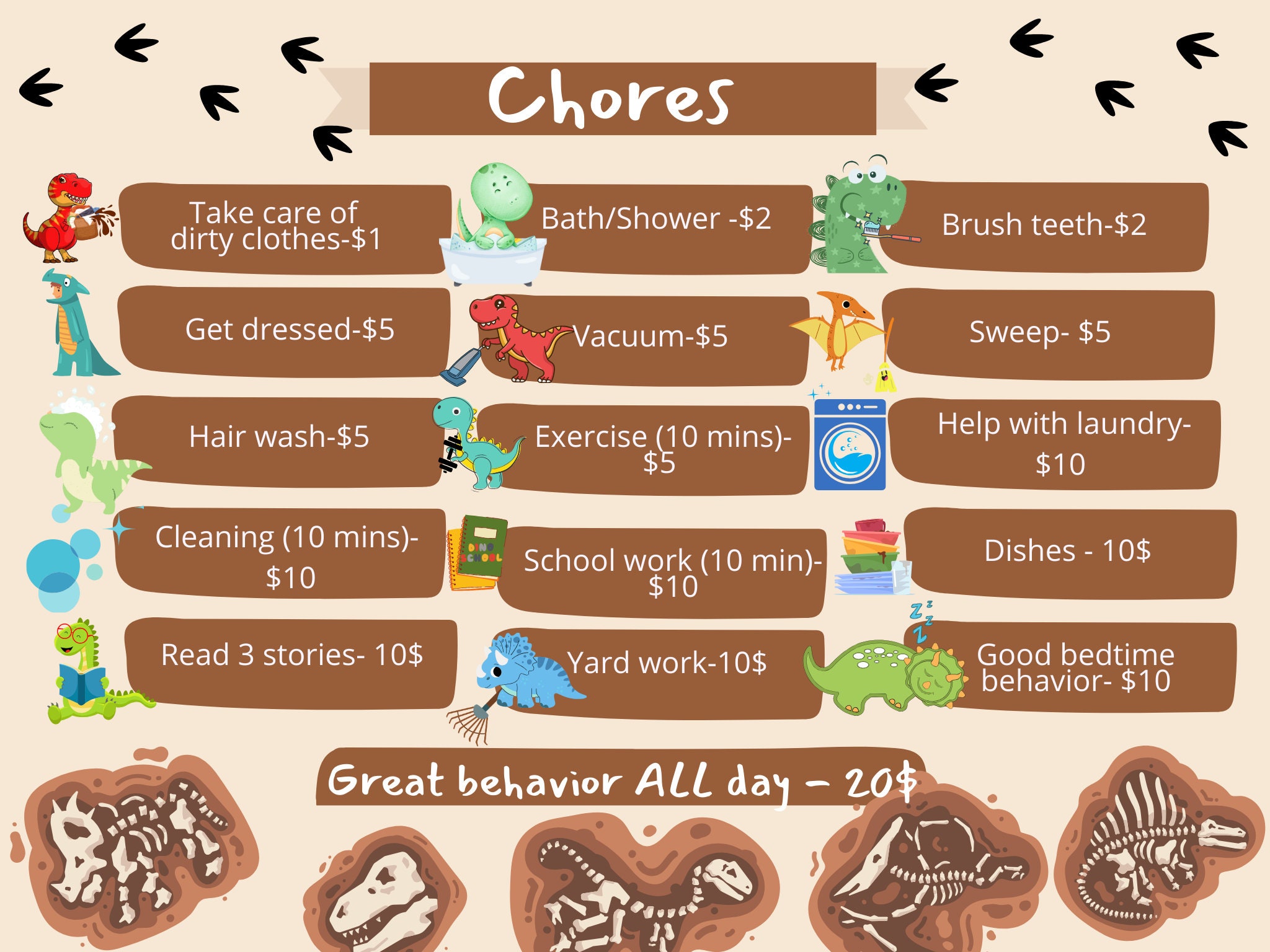 Printable Chore Chart + Reward Game |dinosaur Template | Printable ...