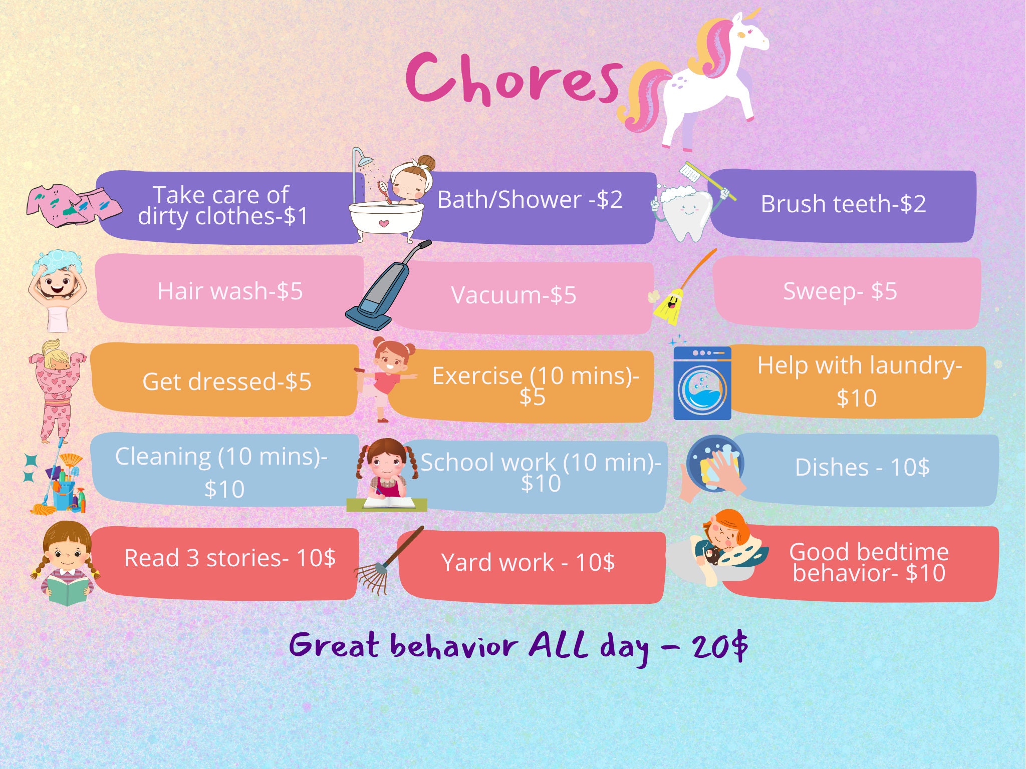 Printable Chore Chart Reward Game unicorn Template Printable Reward ...