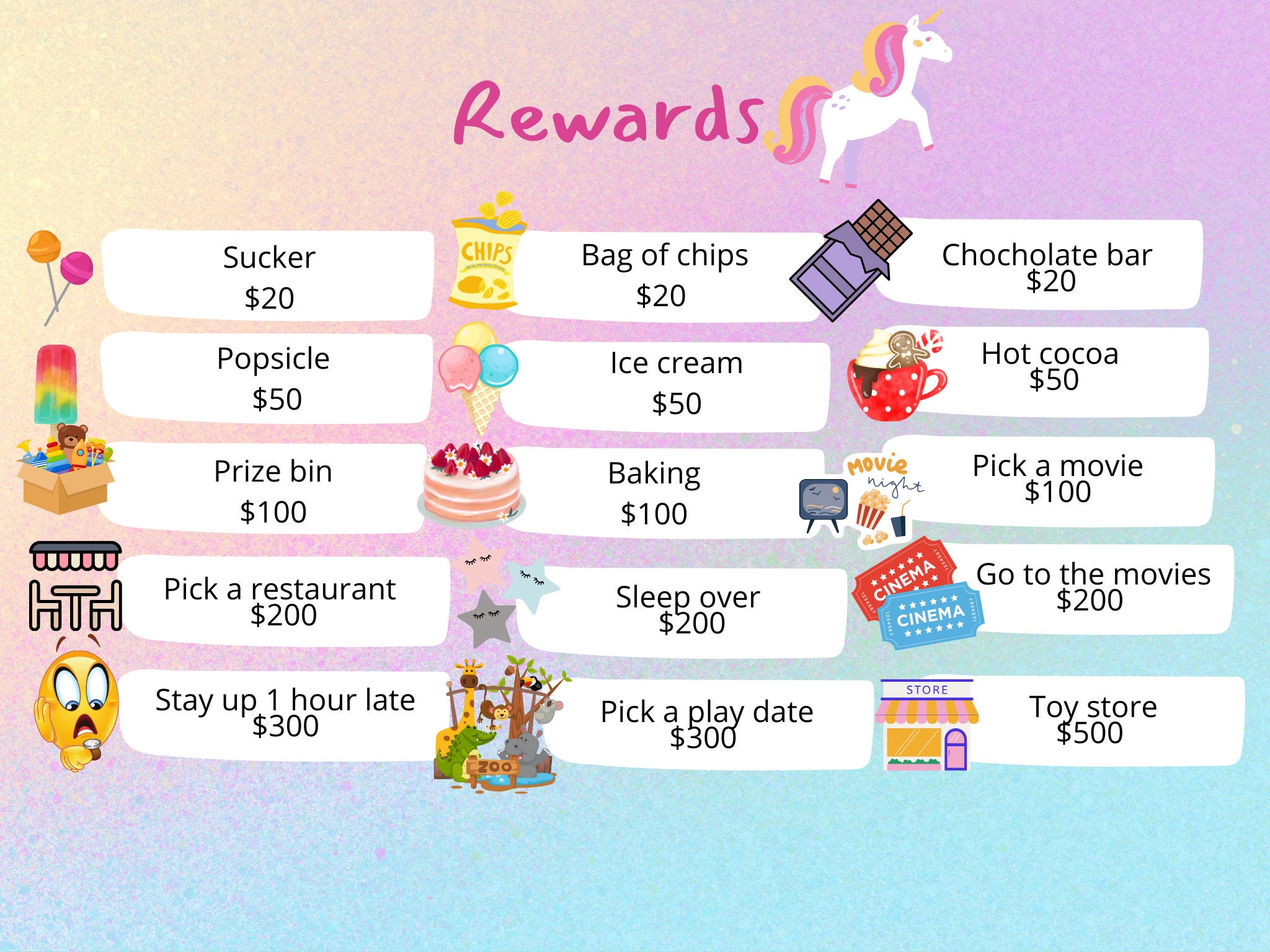Printable Chore Chart Reward Game unicorn Template Printable Reward ...