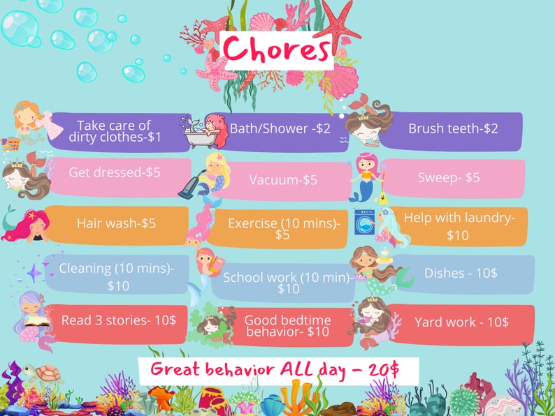 Printable Chore Chart + Reward Game |mermaid Template | Printable ...
