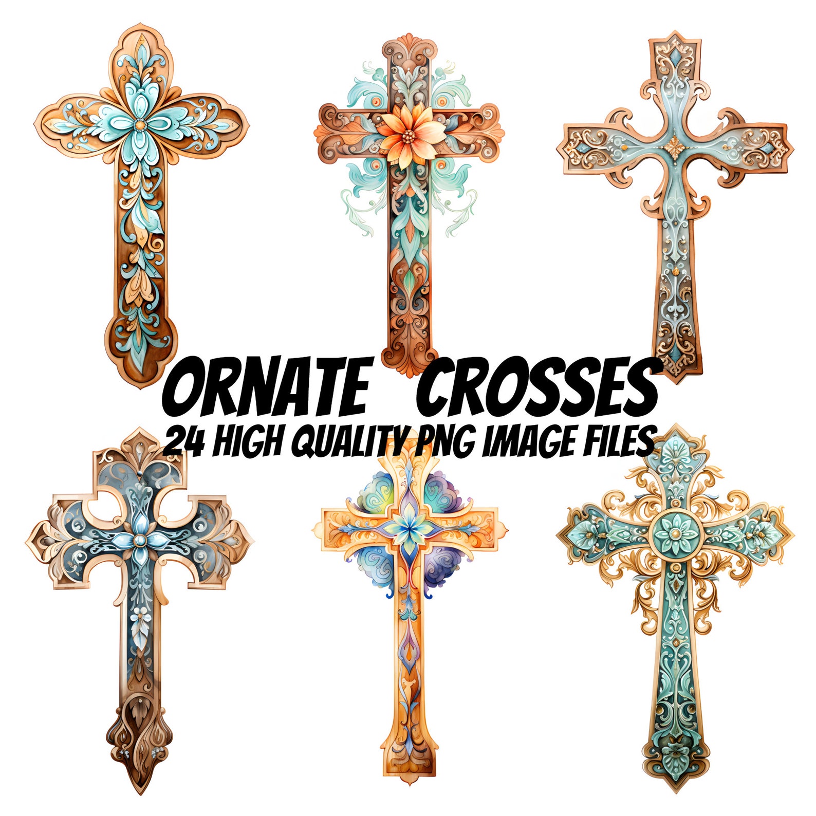 Ornate Crosses Clipart, Watercolor Cross, Christian Art, Church Art ...