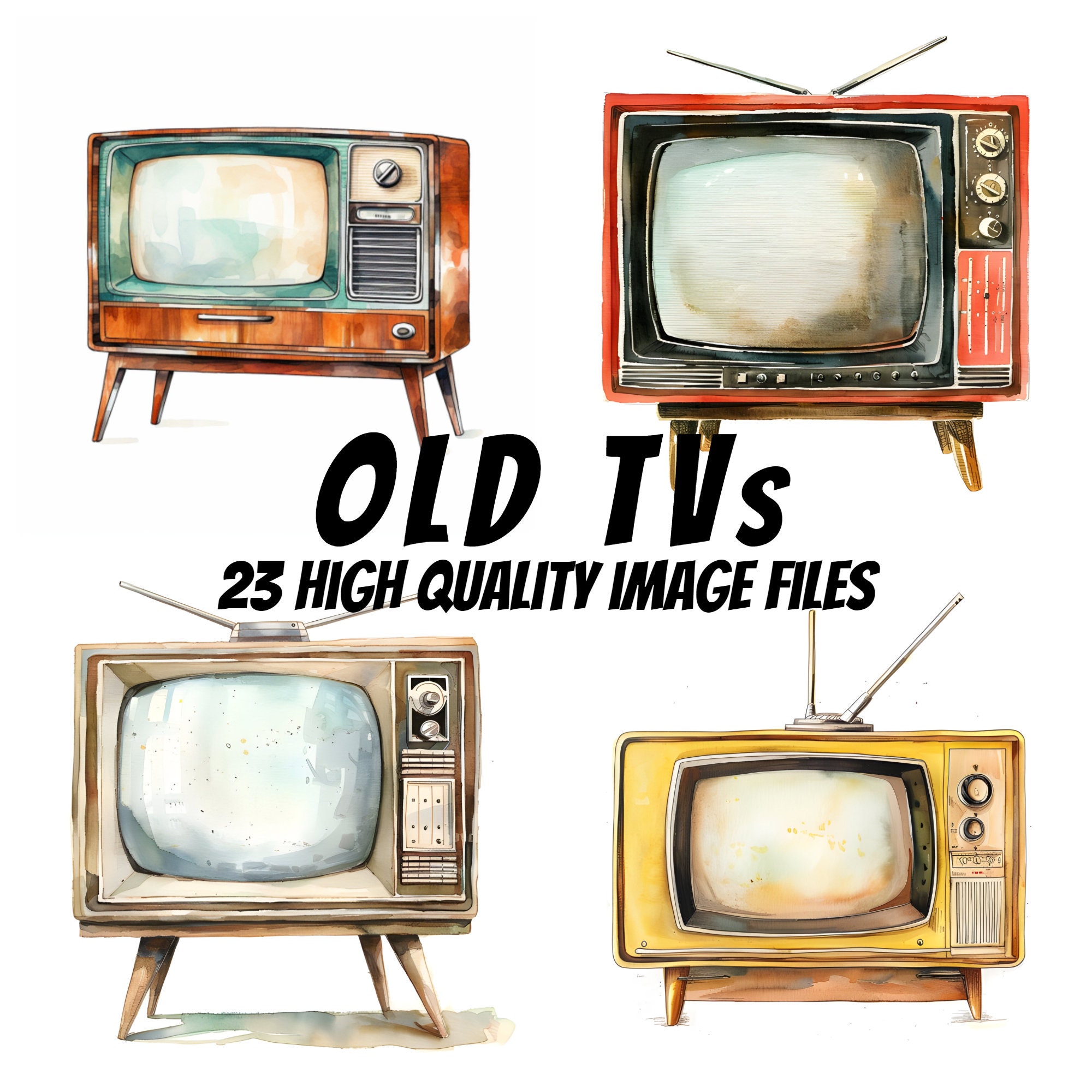 Old TV Clipart, Vintage Television Sets, Antique TV, Watercolor Clipart ...