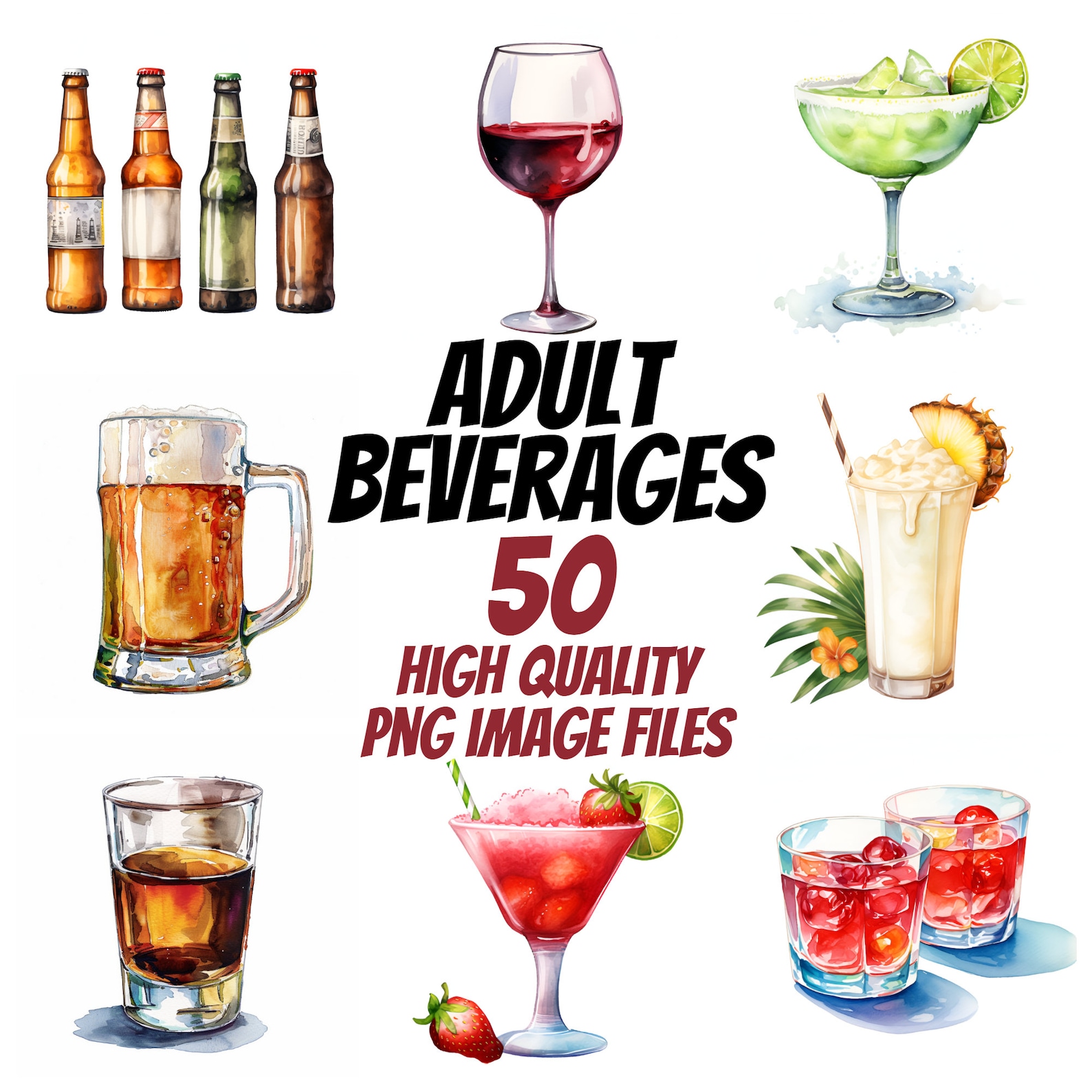 Adult Beverage Clipart, Alcohol Clipart, Beer Wine Watercolor, Paper ...