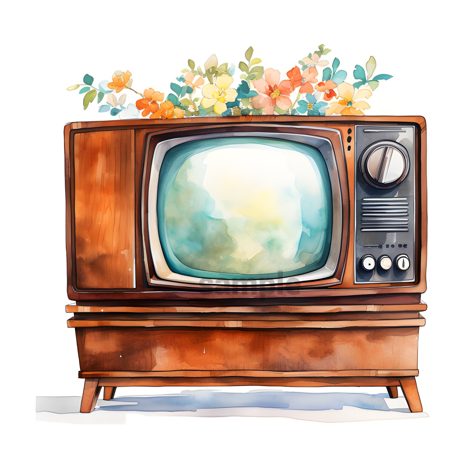 Old TV Clipart, Vintage Television Sets, Antique TV, Watercolor Clipart ...