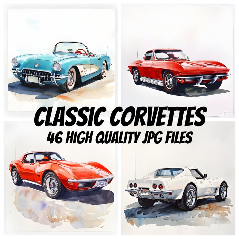 Classic Corvette Clipart, Watercolor Corvette, Classic Cars, Muscle Car ...