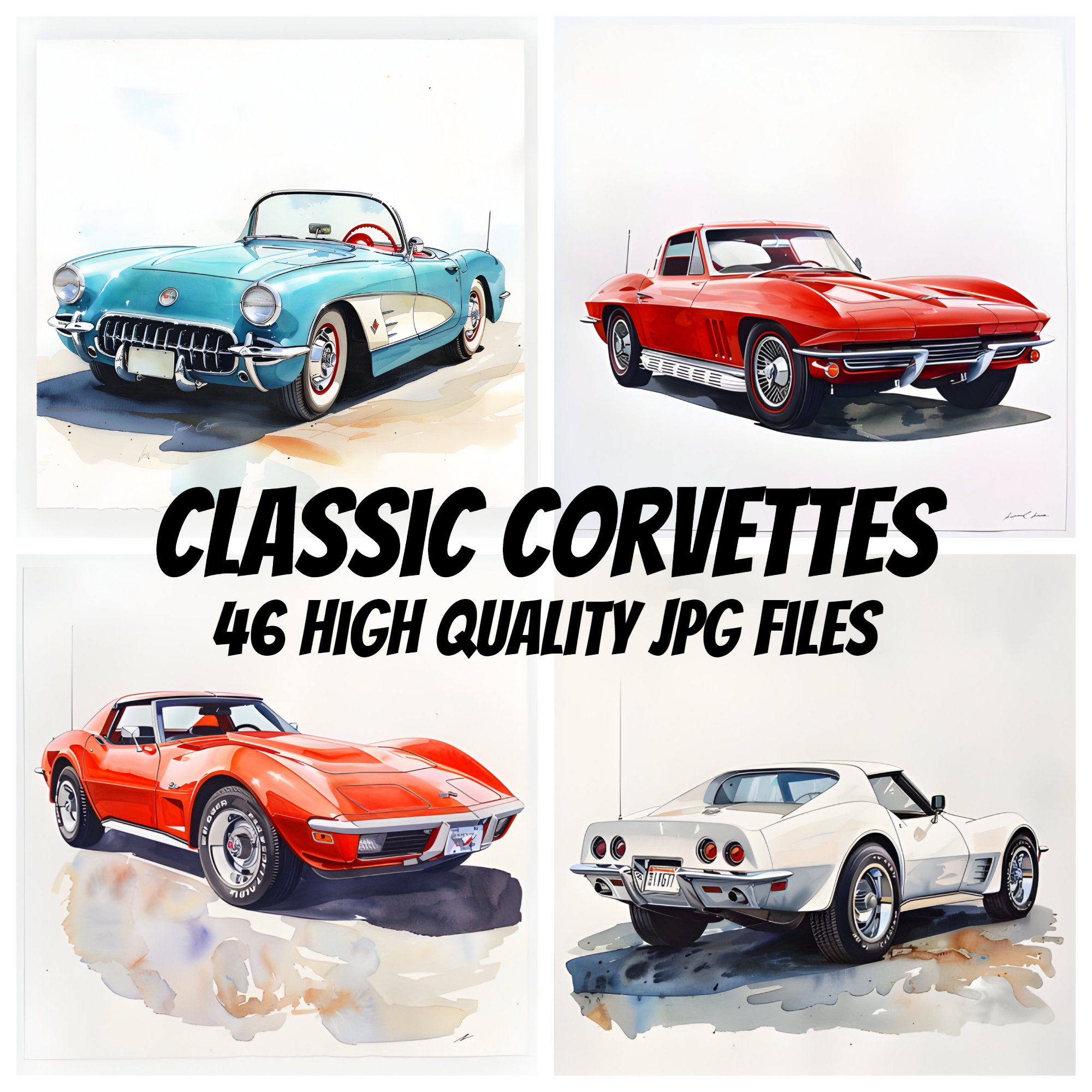 Classic Corvette Clipart, Watercolor Corvette, Classic Cars, Muscle Car ...