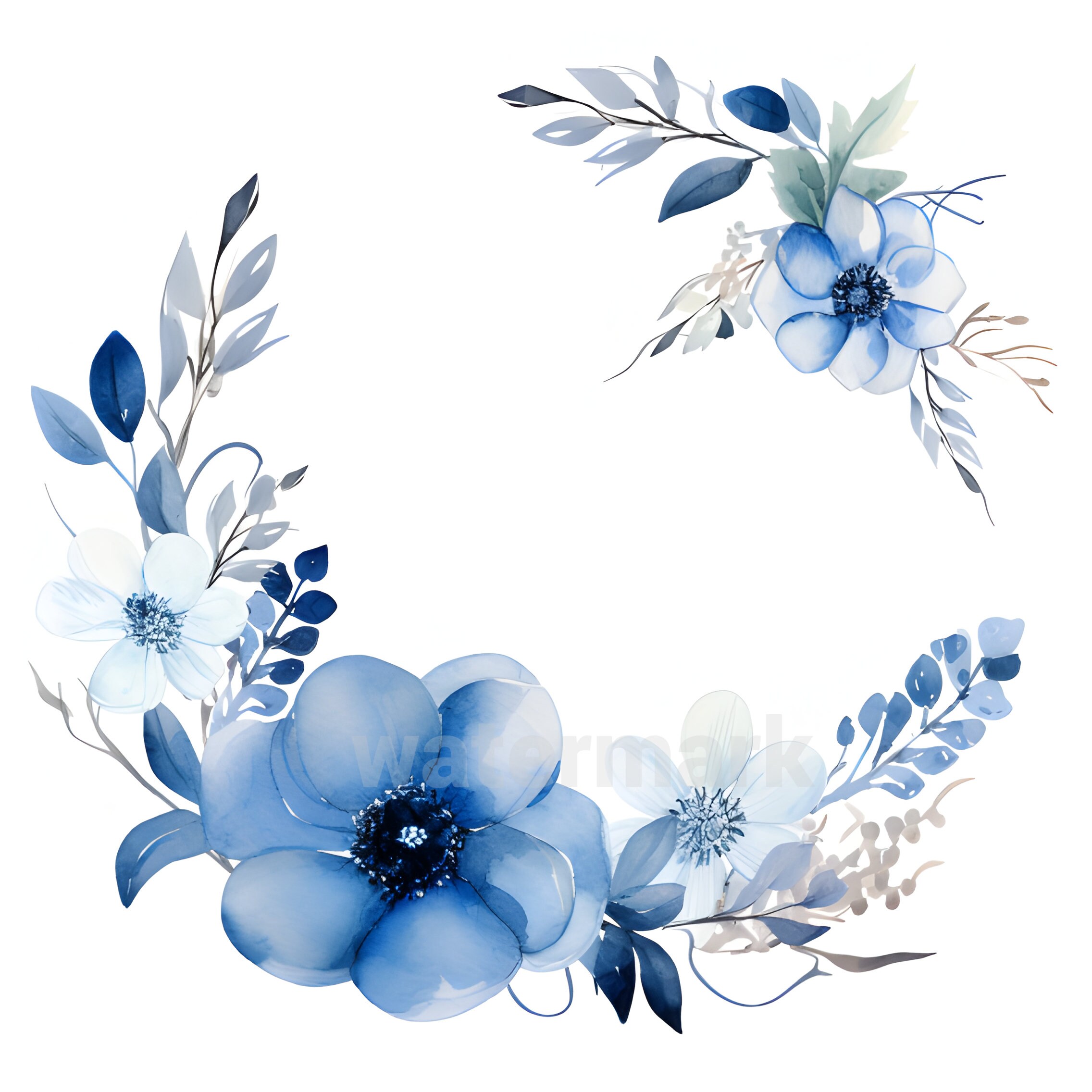 Floral Clipart, Blue Floral Wreath Frame, Watercolor Clipart, Great for ...