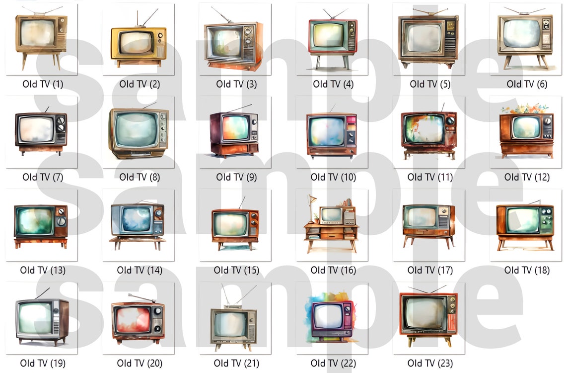 Old TV Clipart, Vintage Television Sets, Antique TV, Watercolor Clipart ...