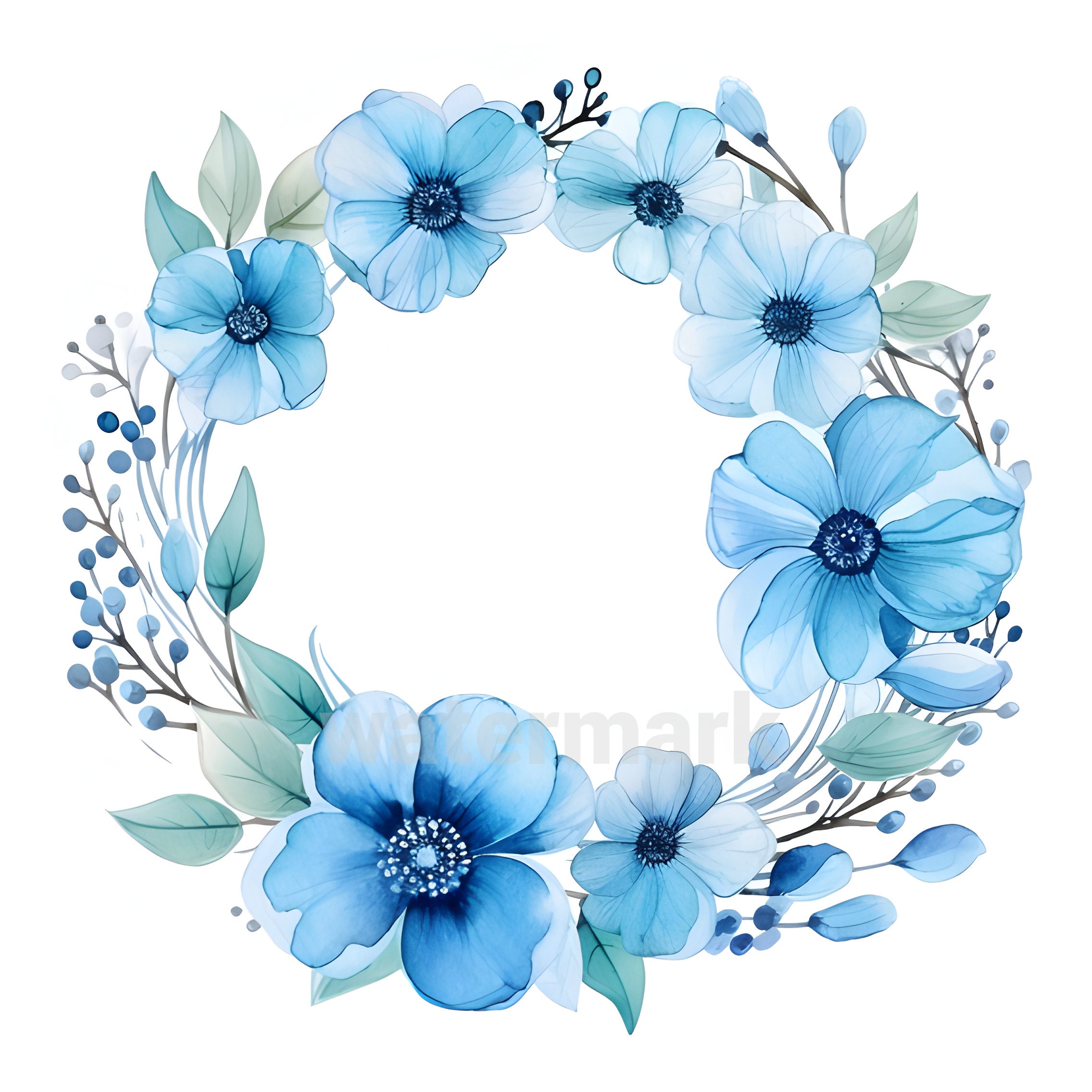 Floral Clipart, Blue Floral Wreath Frame, Watercolor Clipart, Great for ...