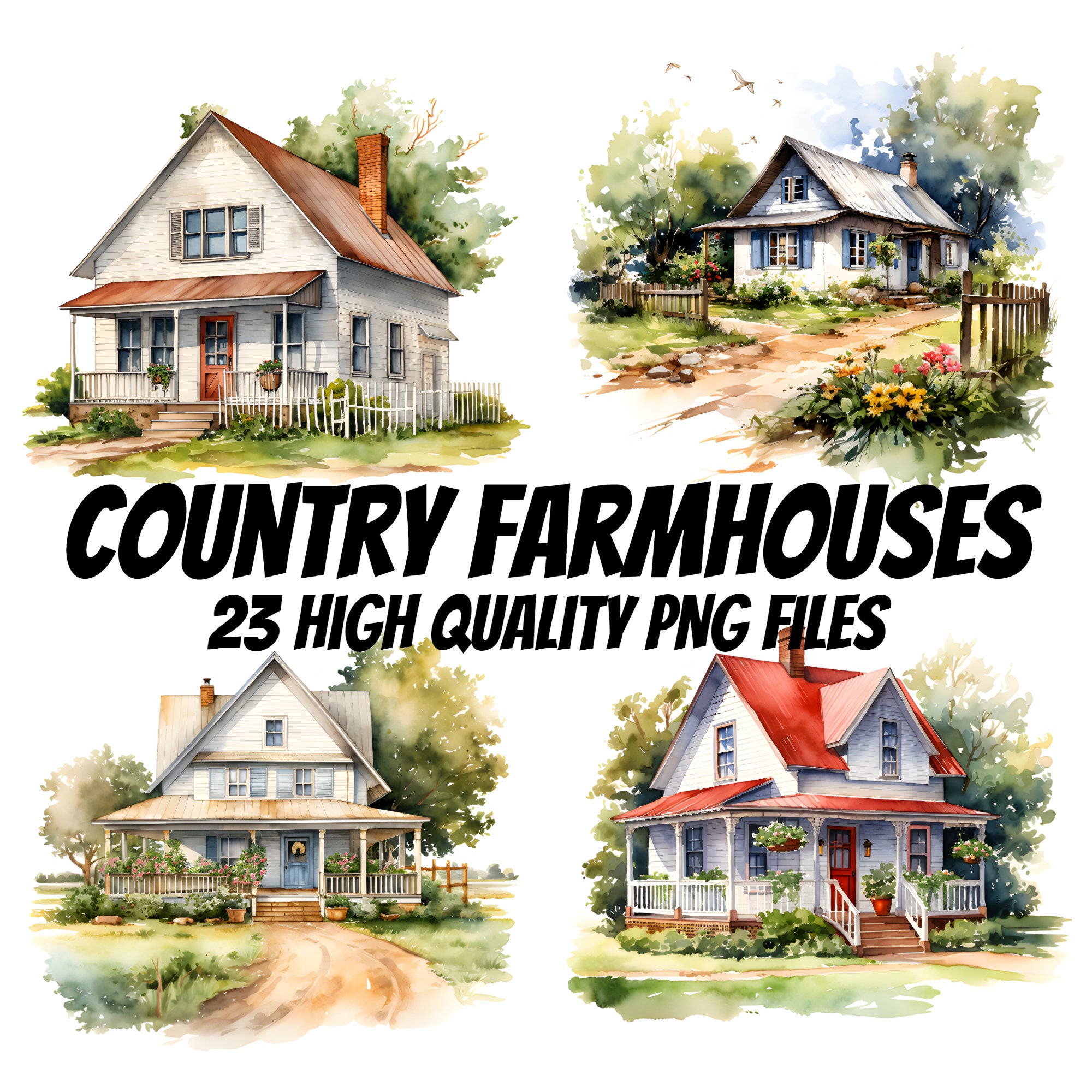 Country Farmhouse Clipart, Watercolor Farmhouses, Digital Download, for ...