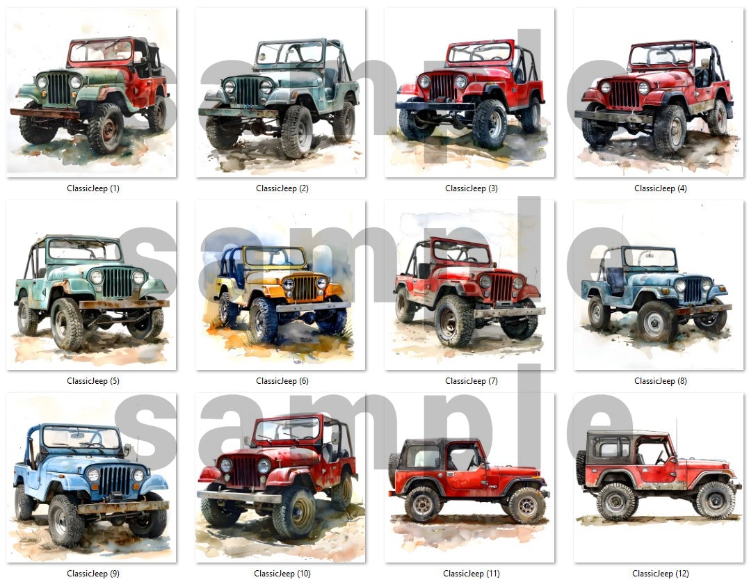 Classic Jeep Clipart, Watercolor Jeeps, Jeep CJ5 CJ7 Renegade Wrangler ...