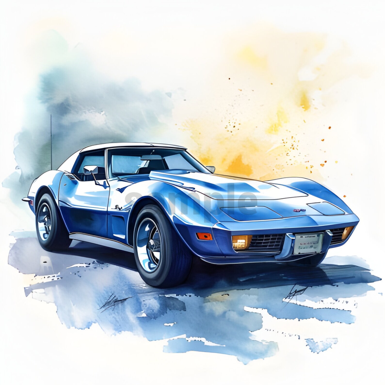 Classic Corvette Clipart, Watercolor Corvette, Classic Cars, Muscle Car ...