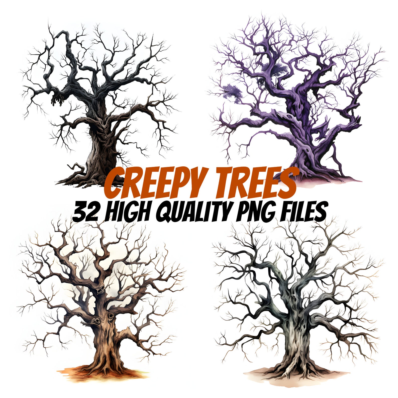 Creepy Trees Clipart, Haunted Tree Clipart, Spooky Trees, Halloween Art ...