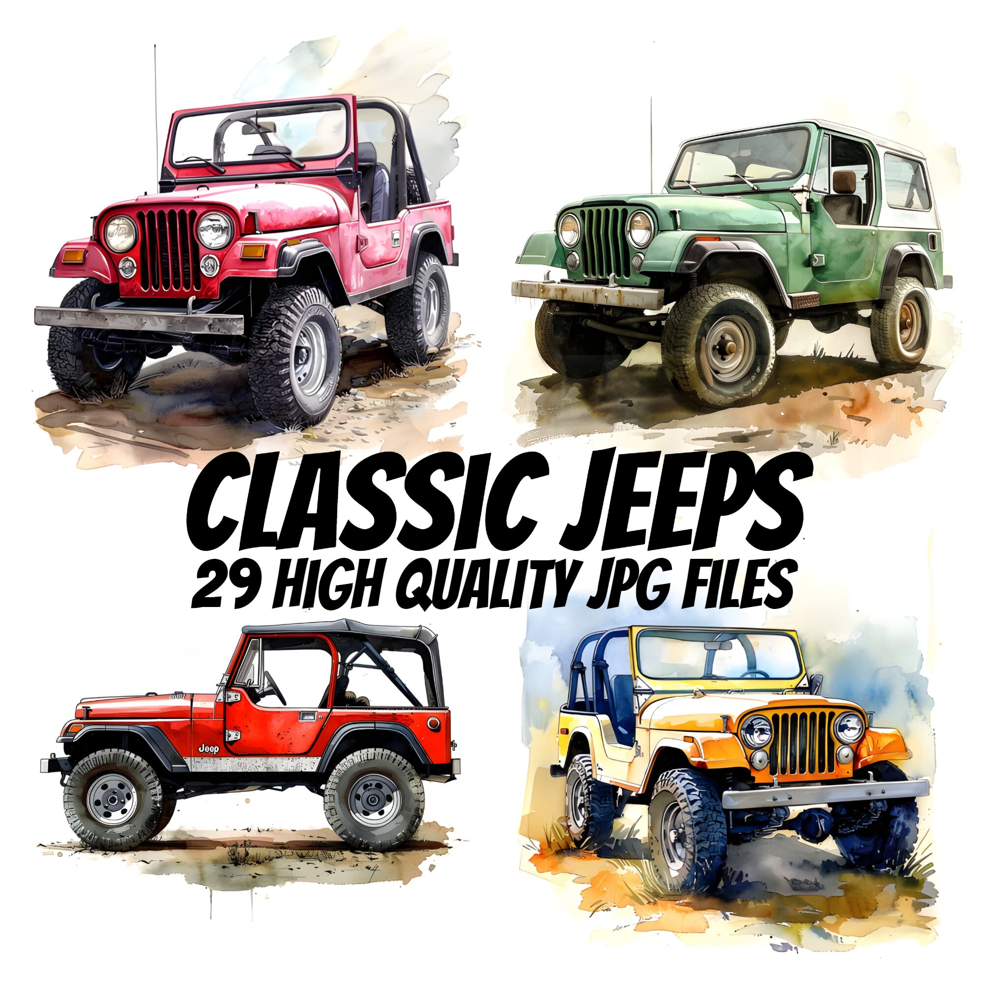 Classic Jeep Clipart, Watercolor Jeeps, Jeep CJ5 CJ7 Renegade Wrangler ...