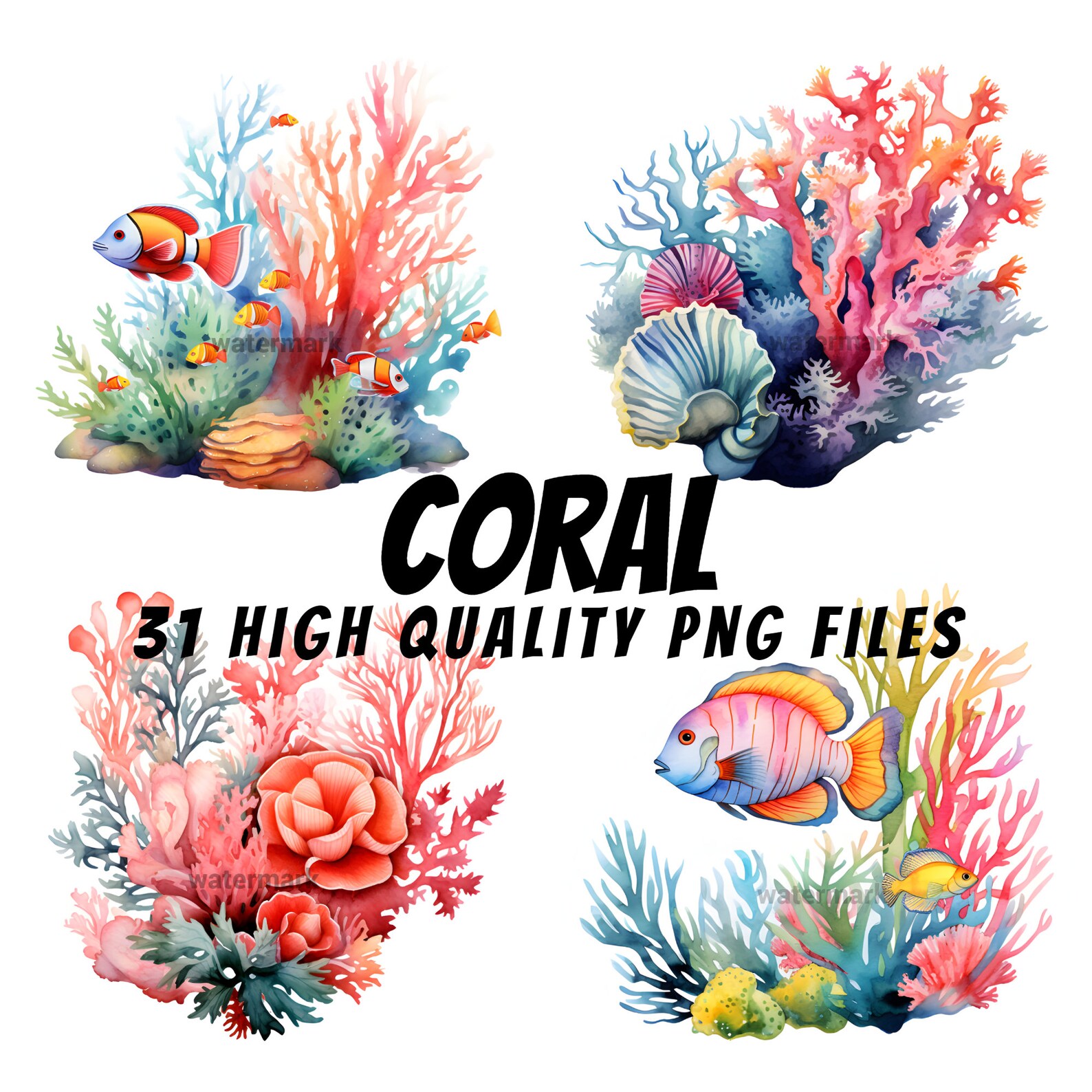 Coral Watercolor Clipart, Ocean Clipart, Sea Clipart, Great for Paper ...
