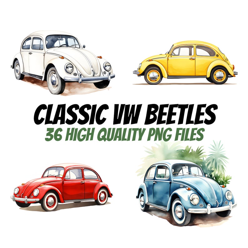 Classic VW Beetle Clipart, Watercolor VW Bug Clipart, Volkswagen, for ...