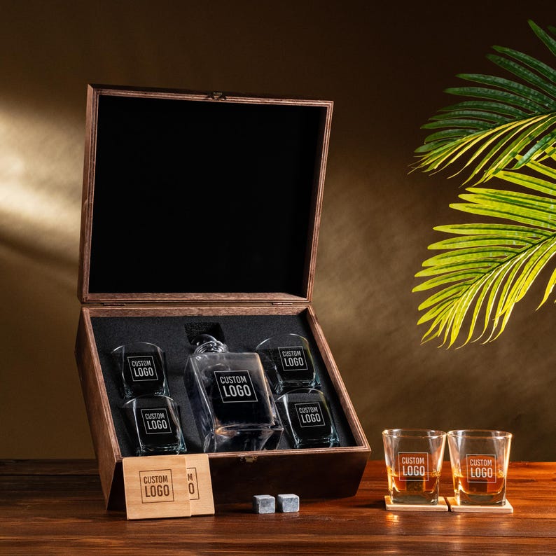 Engraved Whiskey Decanter Set: Custom Logo Gift Box, Office Celebration ...