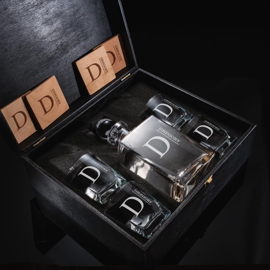Custom Monogram Whiskey Decanter Set, Engraved Glasses, Personalized ...