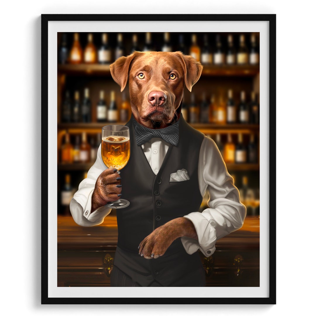 Bartender Dog Portrait Custom Pet Painting From Photo Dog With Drinks ...